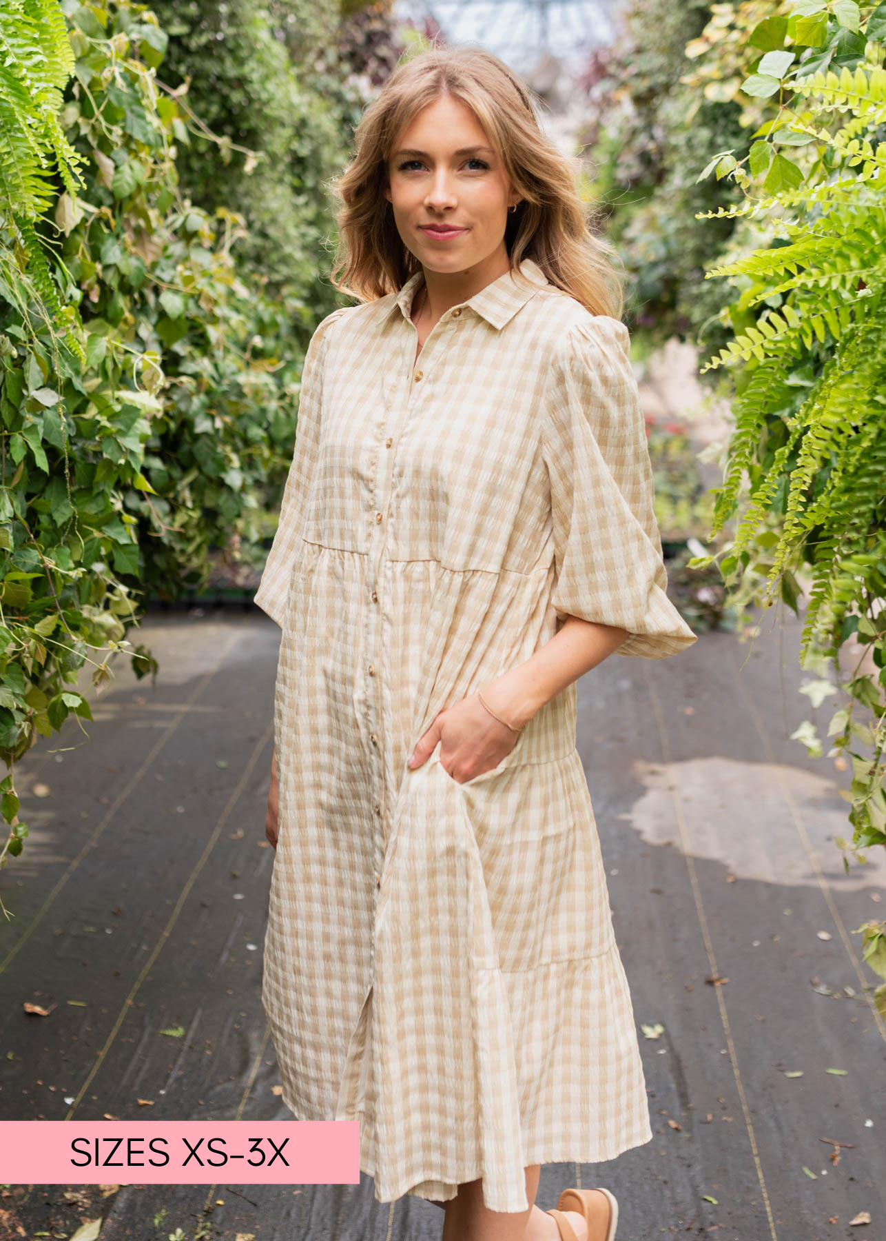 Cambree Taupe Gingham Button Down Dress | Lena Layne