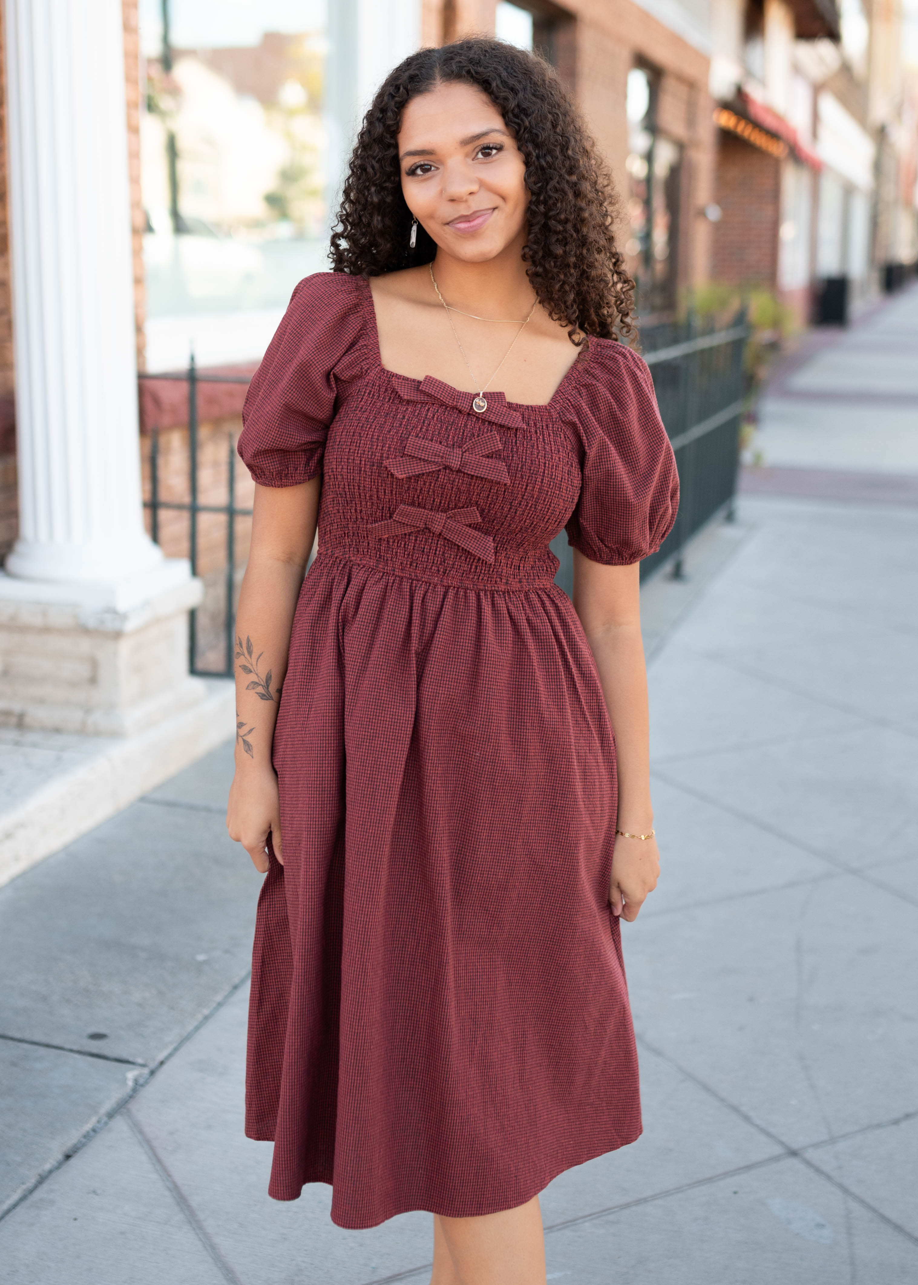 Cassidy Rust Gingham Bow Midi Dress Tea N Rose – Lena Layne