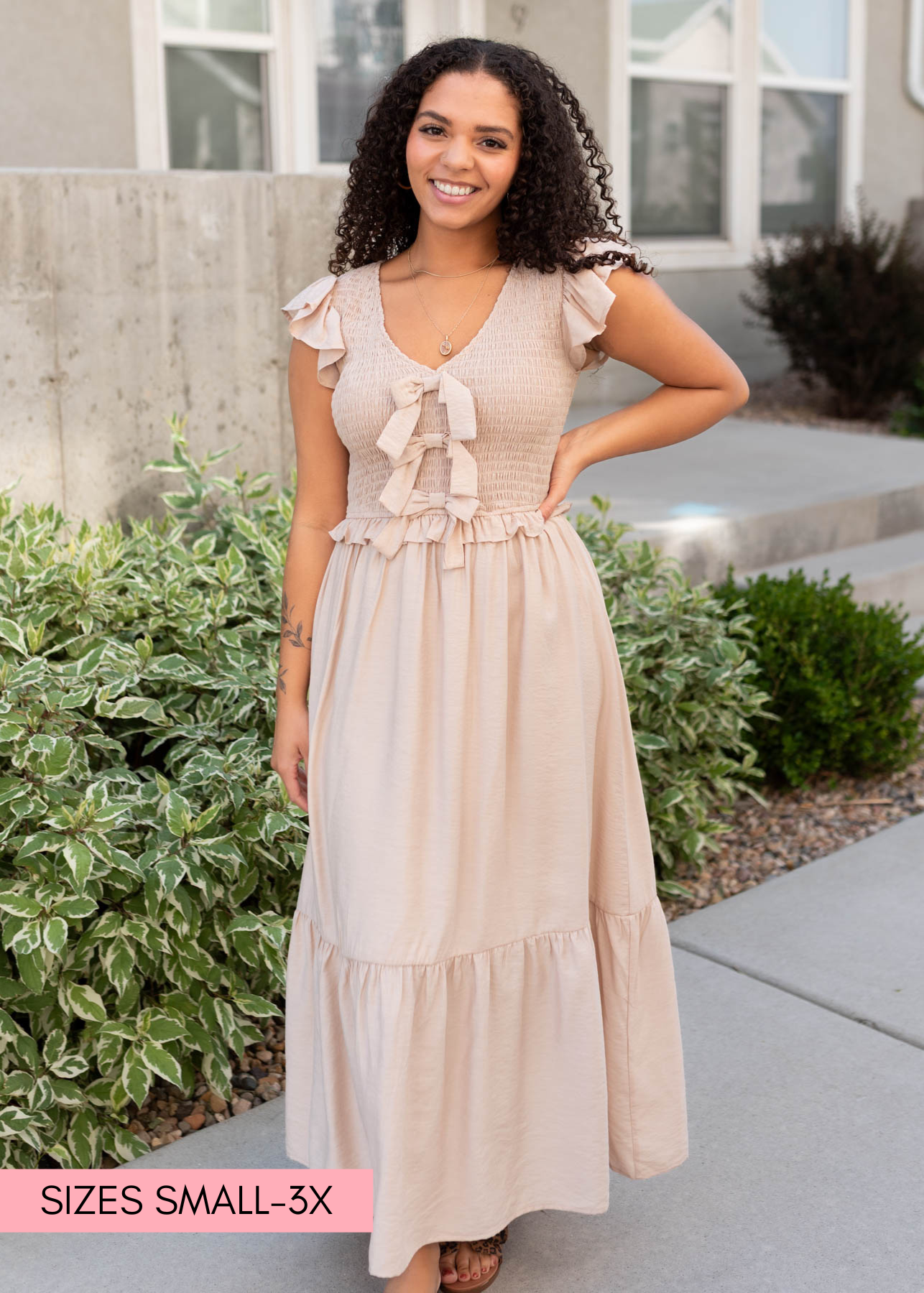 Gabrielle Light Beige Bow Midi Dress Mine – Lena Layne