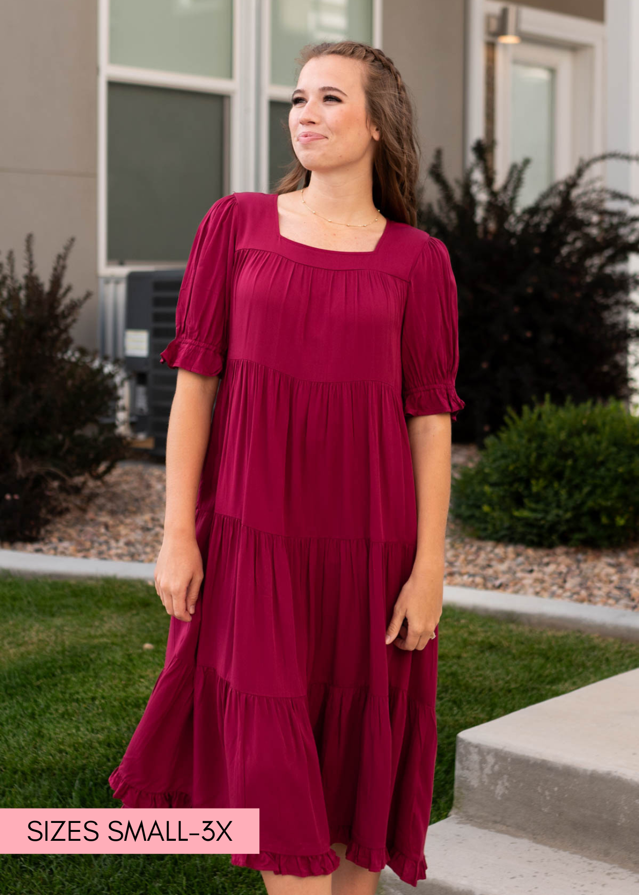 Larina Ruby Red Dress Tea N Rose Tiered Midi – My Sister's Closet