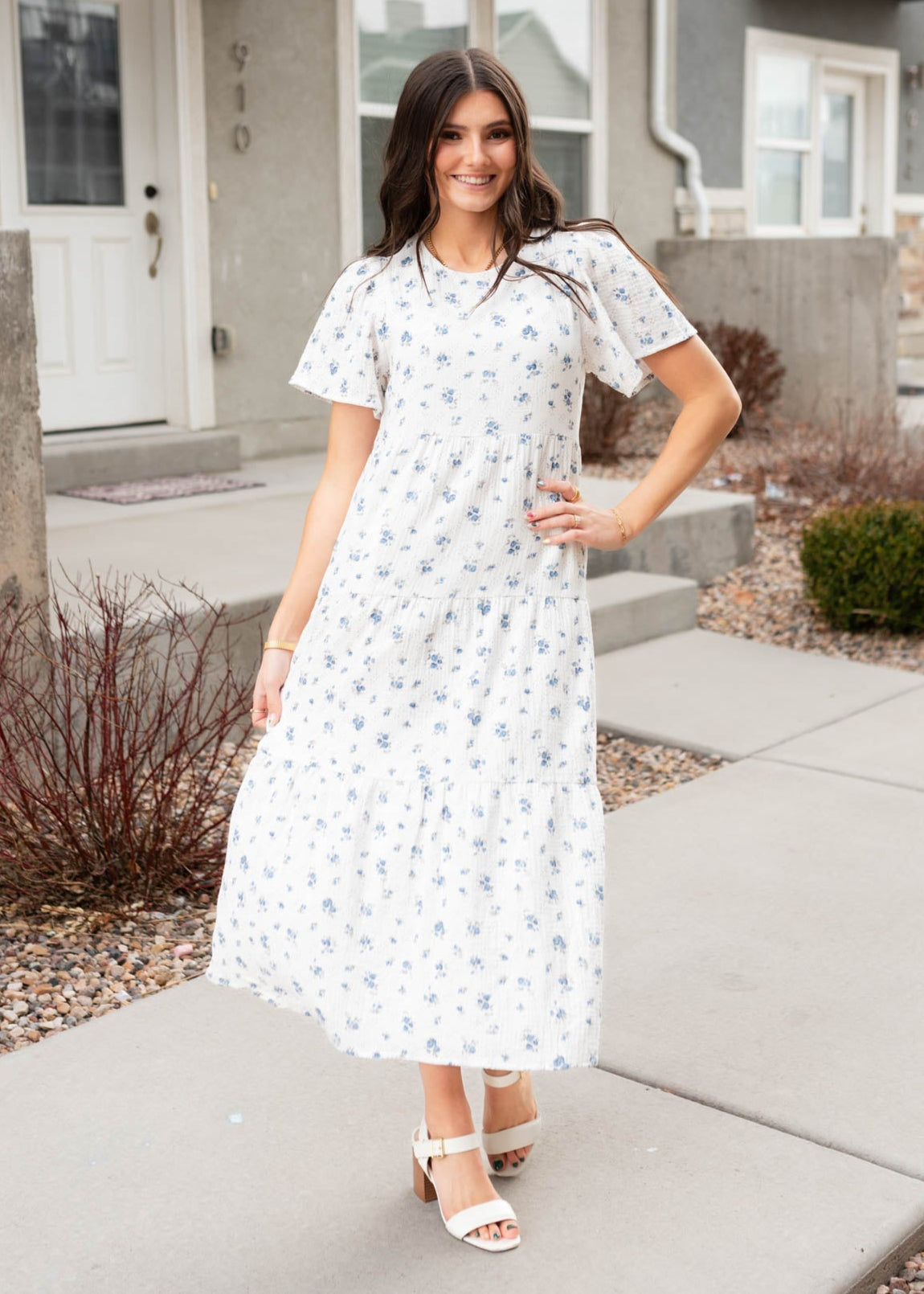 Madeline Blue Floral Guaze Tiered Dress Leia&Co – Lena Layne