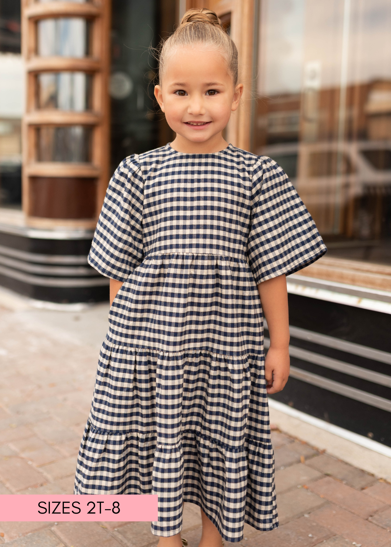 Nora Navy Gingham Tiered Little Girl Dress | Lena Layne